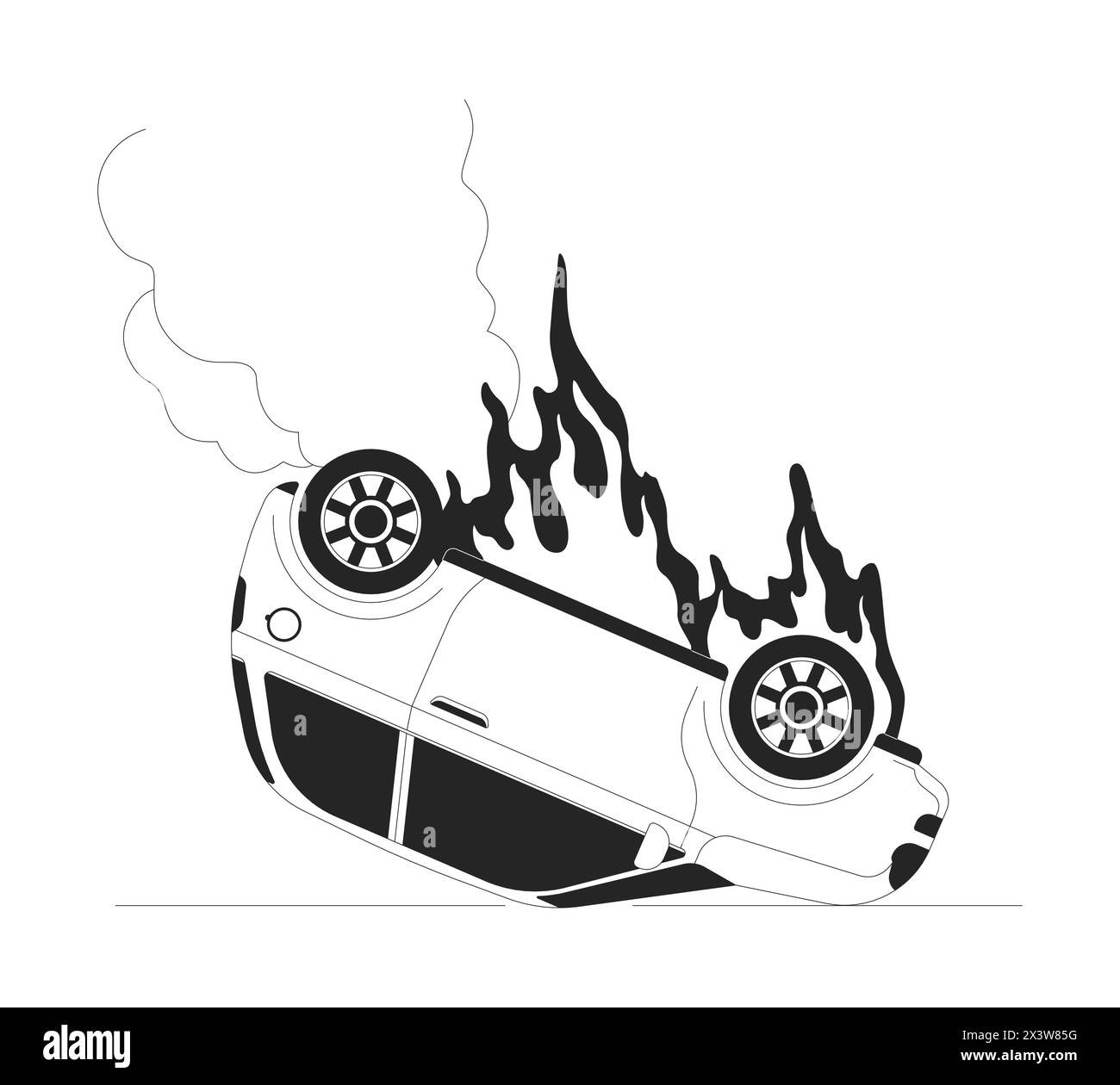 Car burning on accident black and white cartoon flat illustration Stock ...