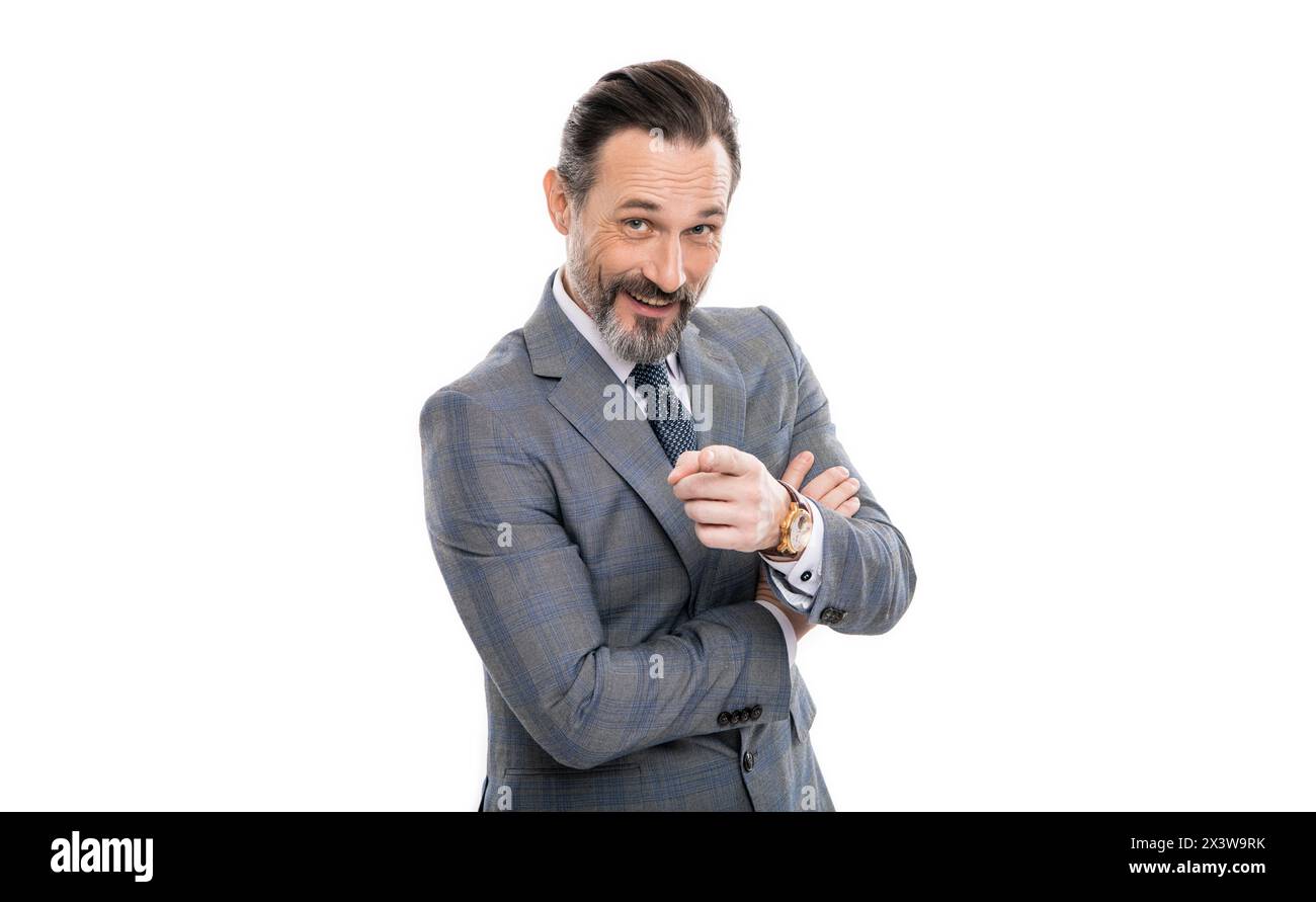 Business advertisement. Business man in suit isolated on white ...