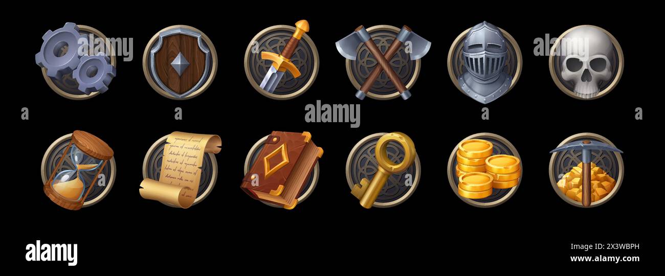 Game asset icons. Shield, sword, golden money coins, magic or spell ...