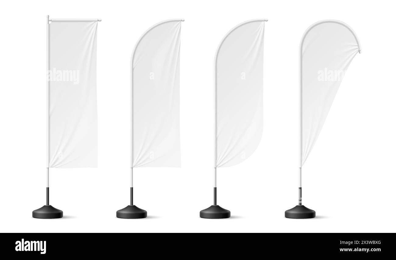 Realistic beach flags, white banner stand isolated 3d vector mockup. Rectangular, feather and ...