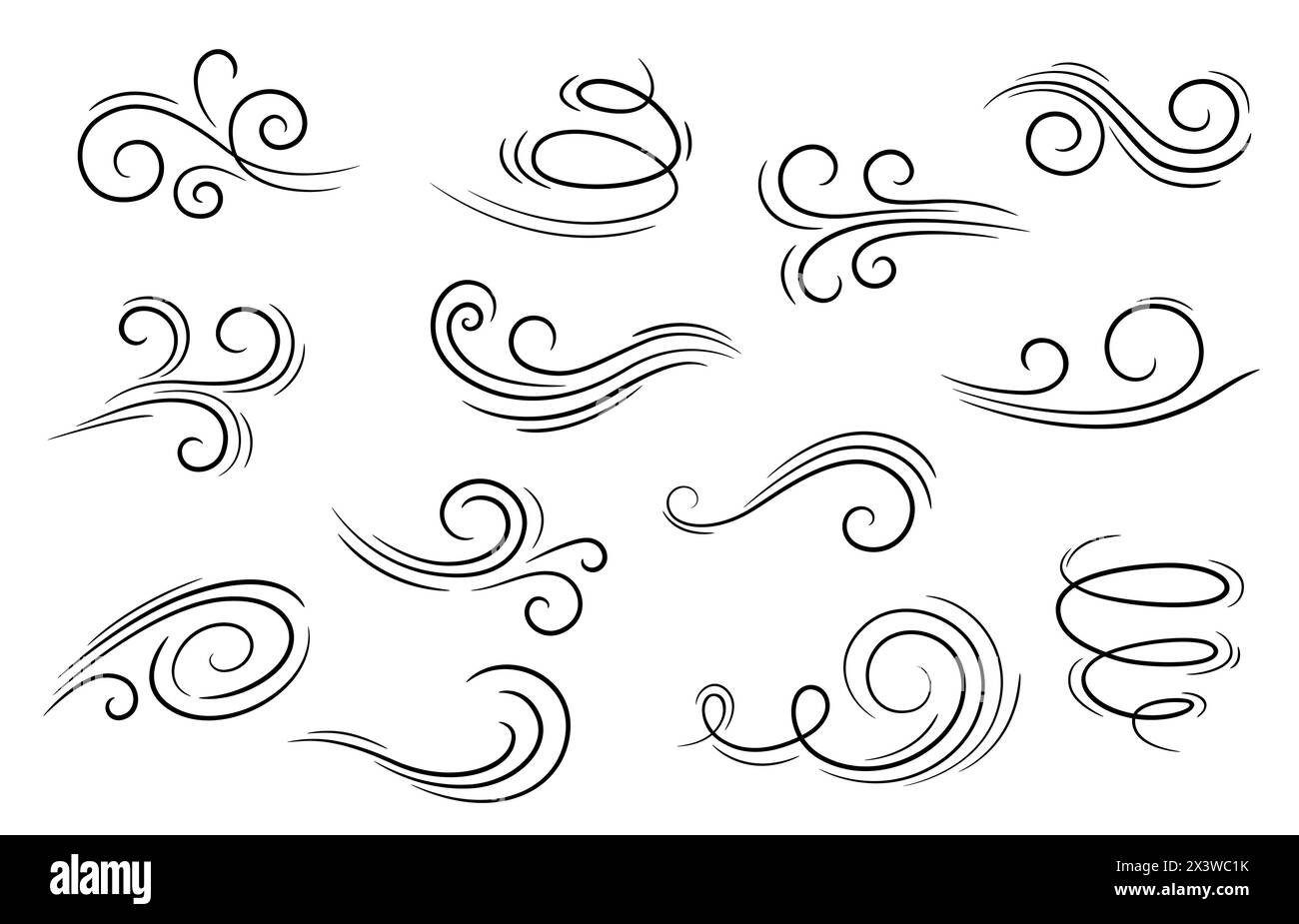 Doodle wind motion. Isolated vector set of abstract air swirls, blow waves, curve spirals in ...