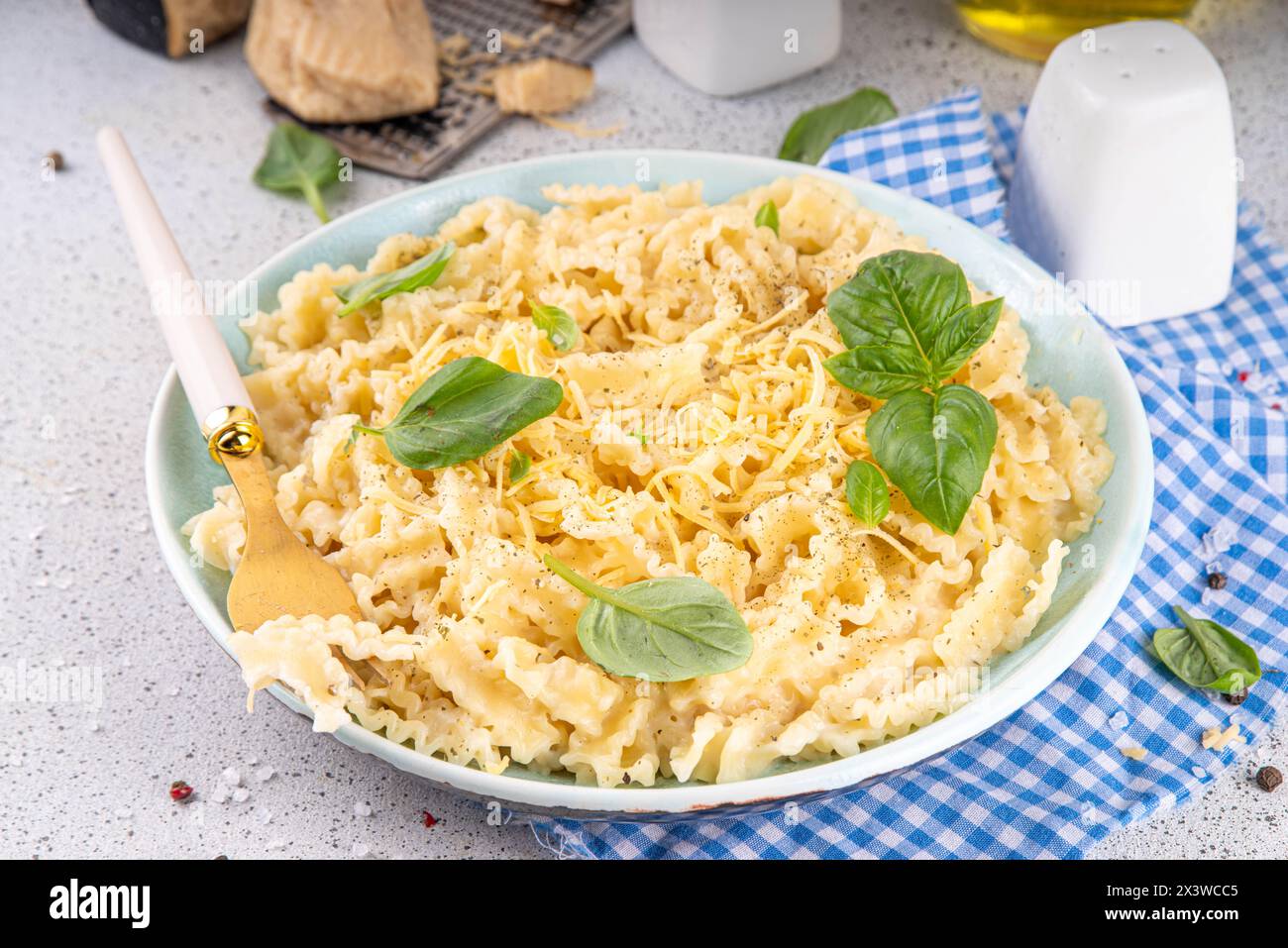 Mafaldine pasta with white sauce, italian bechamel, creamy cheese sauce ...