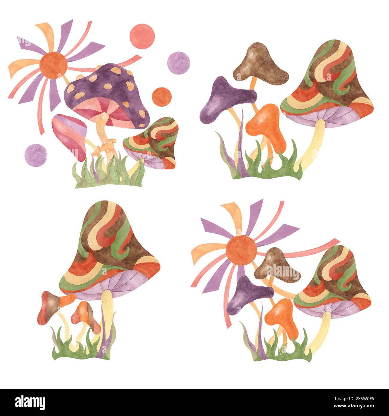 Retro hippie sun, clouds, grass and fly agaric mushrooms 70s style ...