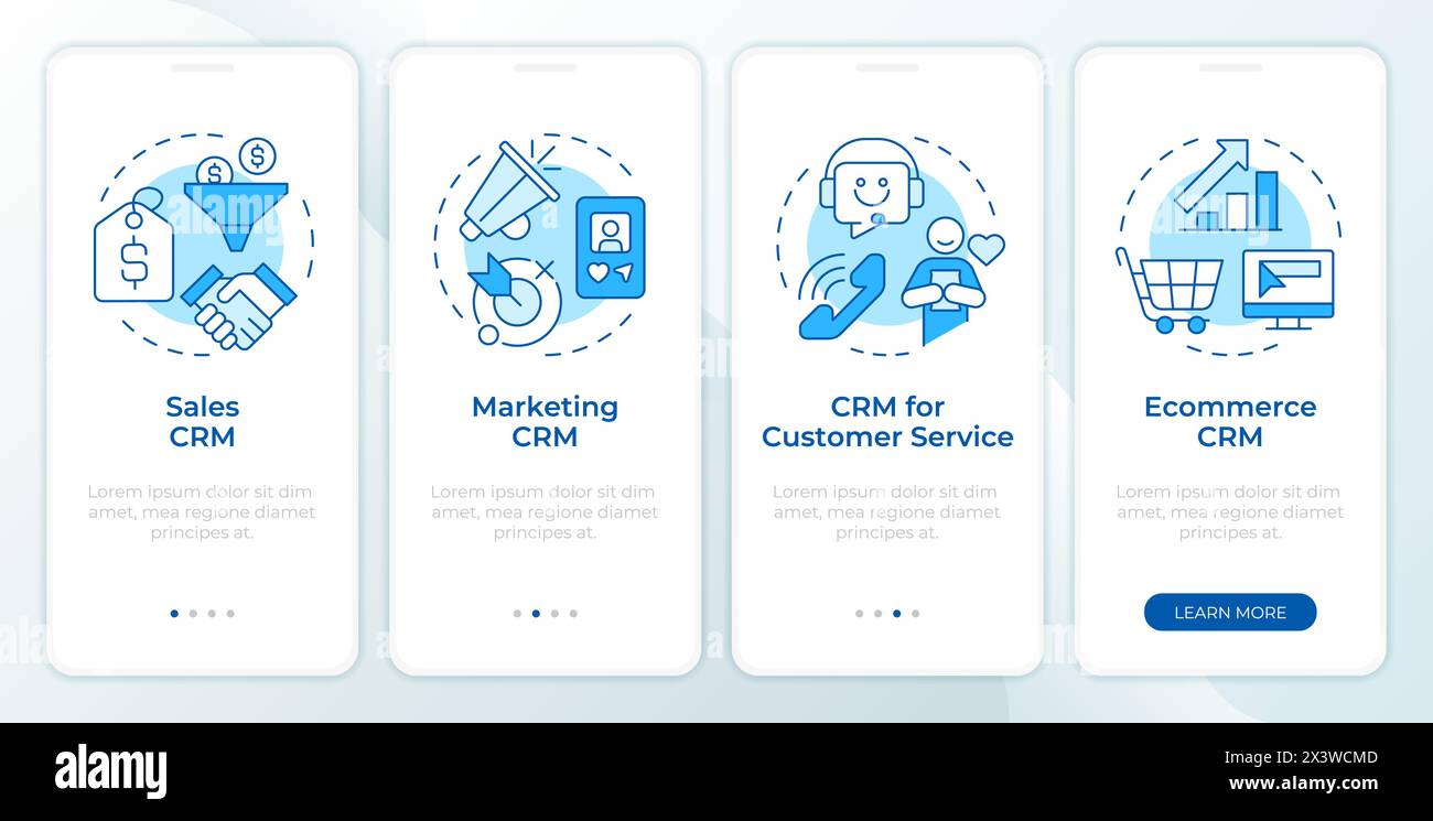 CRM system types blue onboarding mobile app screen Stock Vector Image ...