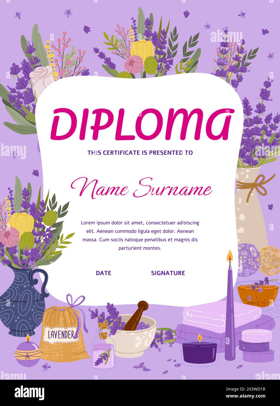 Diploma certificate with lavender cosmetics products. Beauty and ...