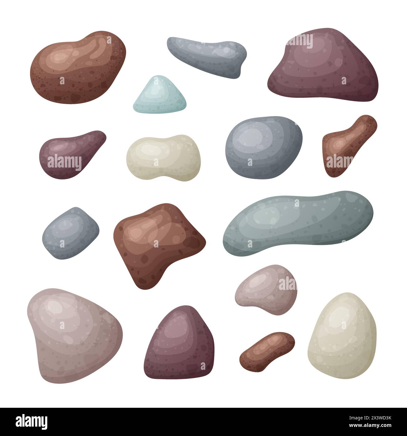 Beach pebble stone set. Hand drawn smooth stone of different shape ...