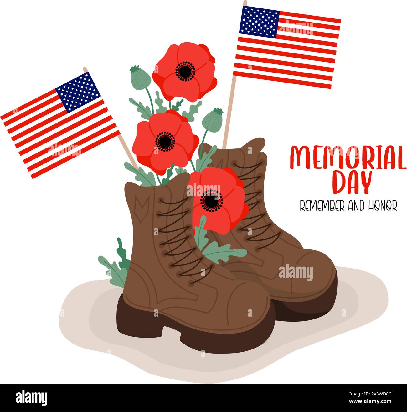 Military veteran boots with red poppy flowers and American flags ...