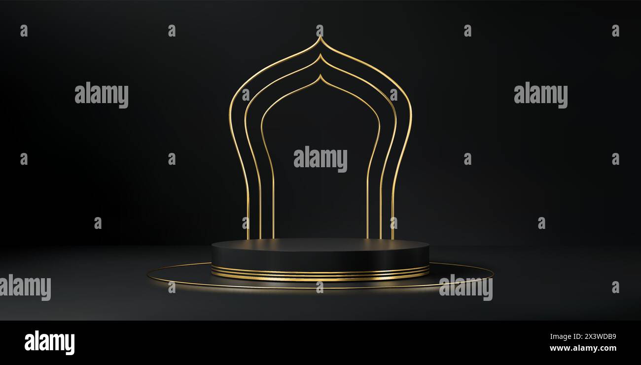 Black Ramadan podium with golden islamic arch. Vector elegant ...