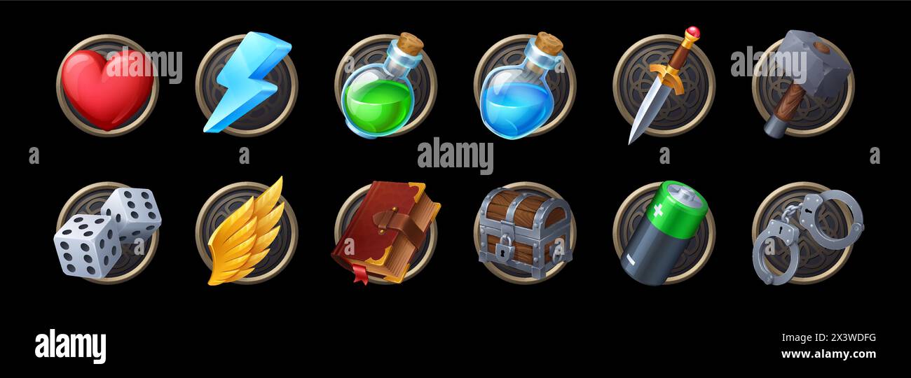 Game asset icons vector set. Fantasy sword, lightning flash and heart ...