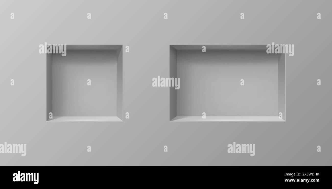 Grey wall 3D niches of box shelf and gallery display frames, vector ...