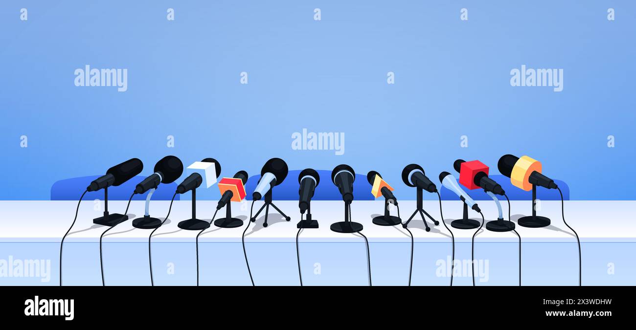 Press conference microphones on table. Cartoon vector background with ...