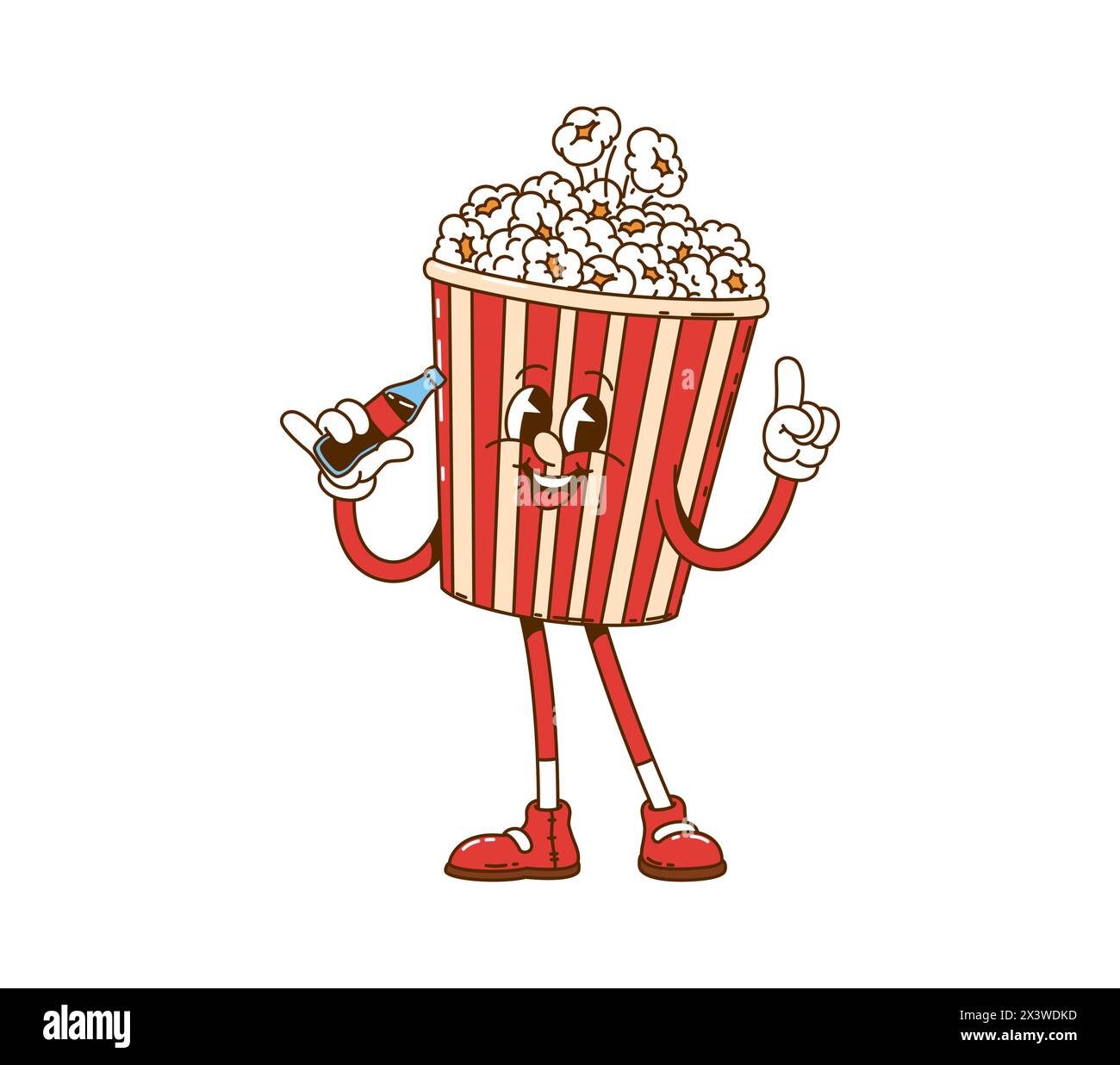 Cartoon retro groovy popcorn bucket character. Hippie happy fast food ...