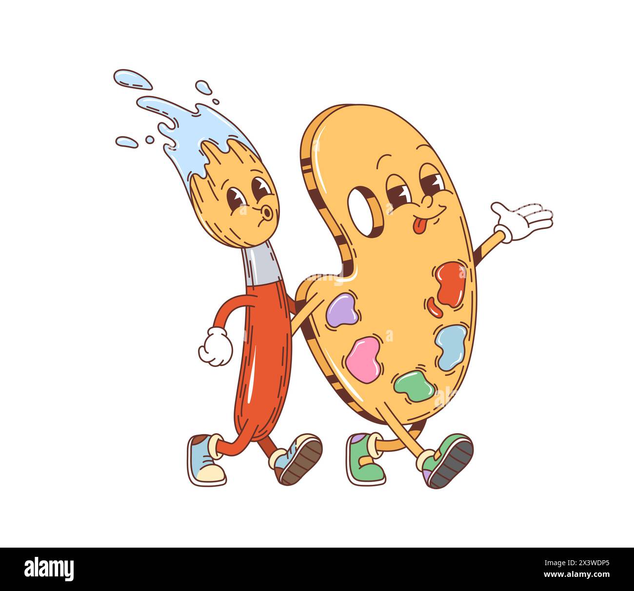 Cartoon retro groovy school paint palette and brush characters. Vector ...