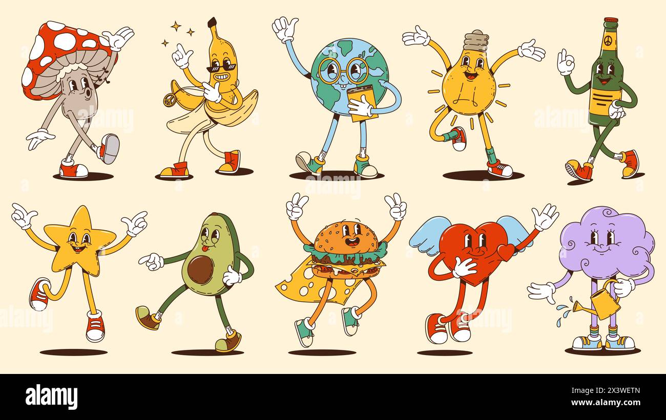 Cartoon hippie groovy characters, globe and beer bottle, star and ...