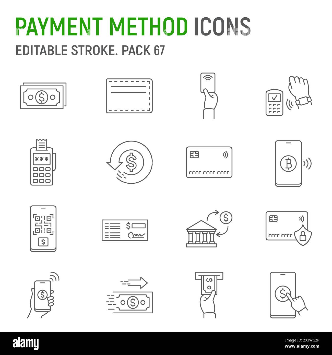 Payment method line icon set, electronic money collection, vector ...