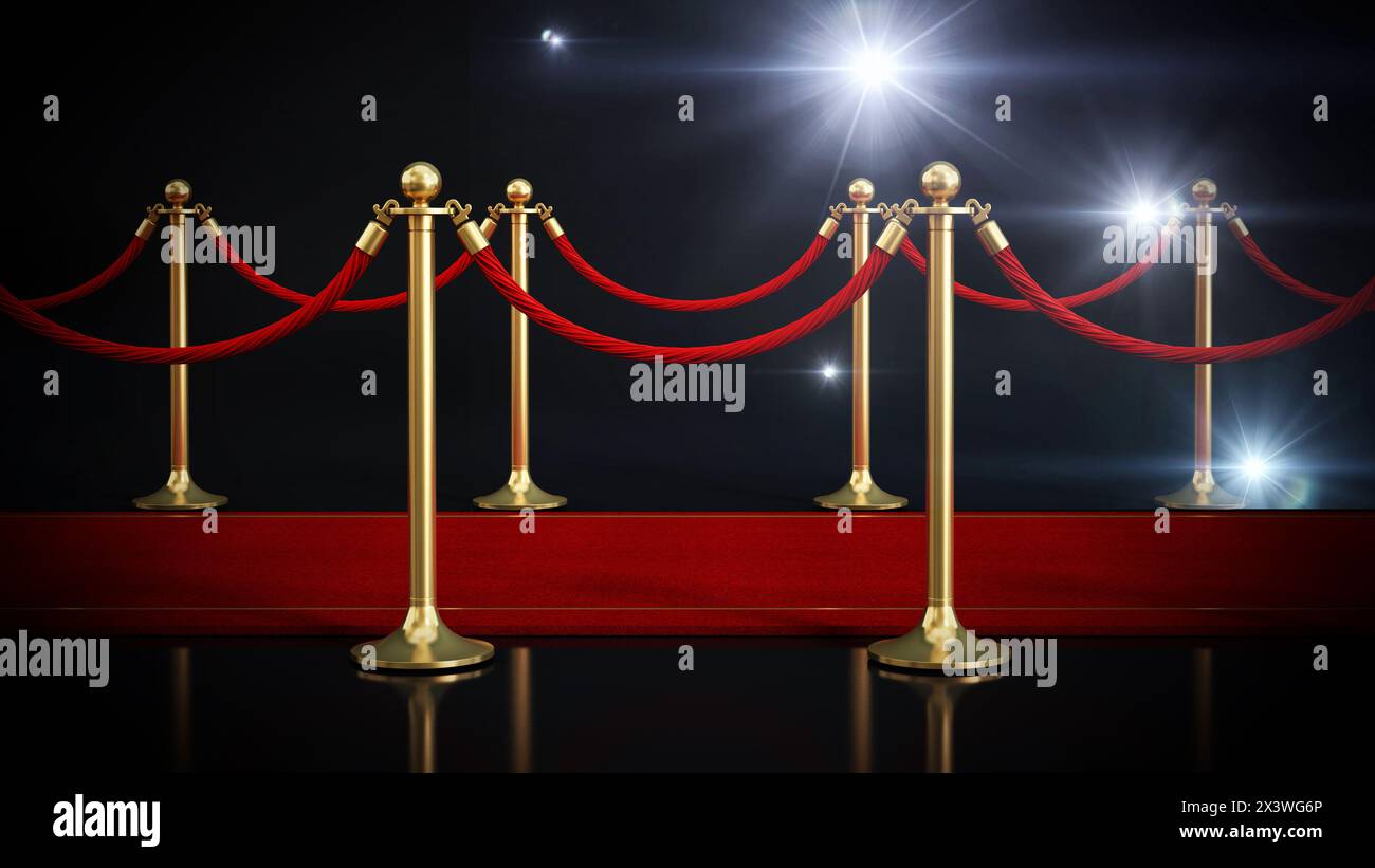 Red carpet and velvet ropes isolated on black background. Side view. 3D ...