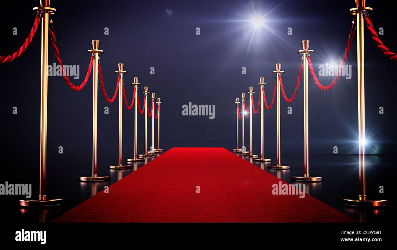 Red carpet and velvet ropes isolated on dark background. 3D ...