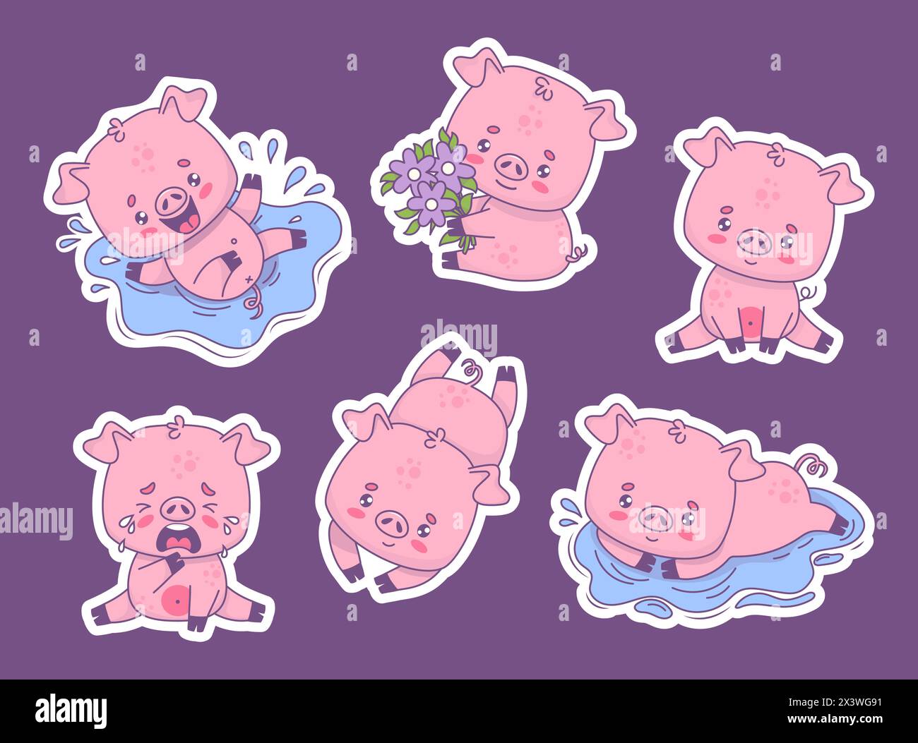 Cute funny pig stickers collection. Smiling piggy in water, with ...