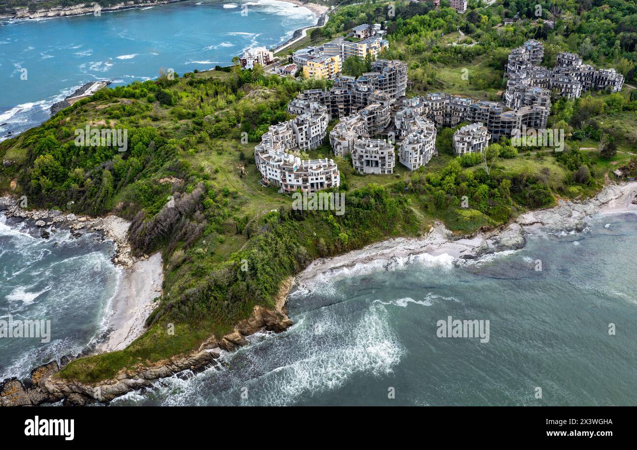 Aerial view of abandoned resort town in Tsarevo, southern Black sea ...