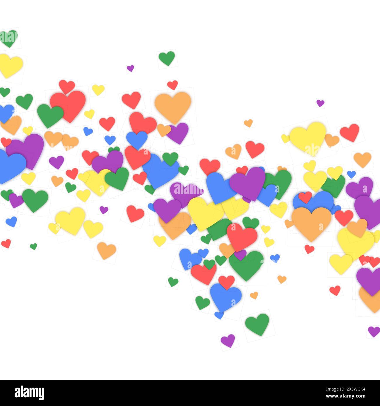 Flying hearts for valentine's day. Rainbow colored scattered hearts. LGBT valentine card ...