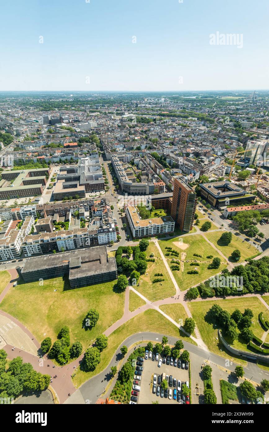 High top wide angle view of city buildings from Dusseldorf Rhine Tower ...