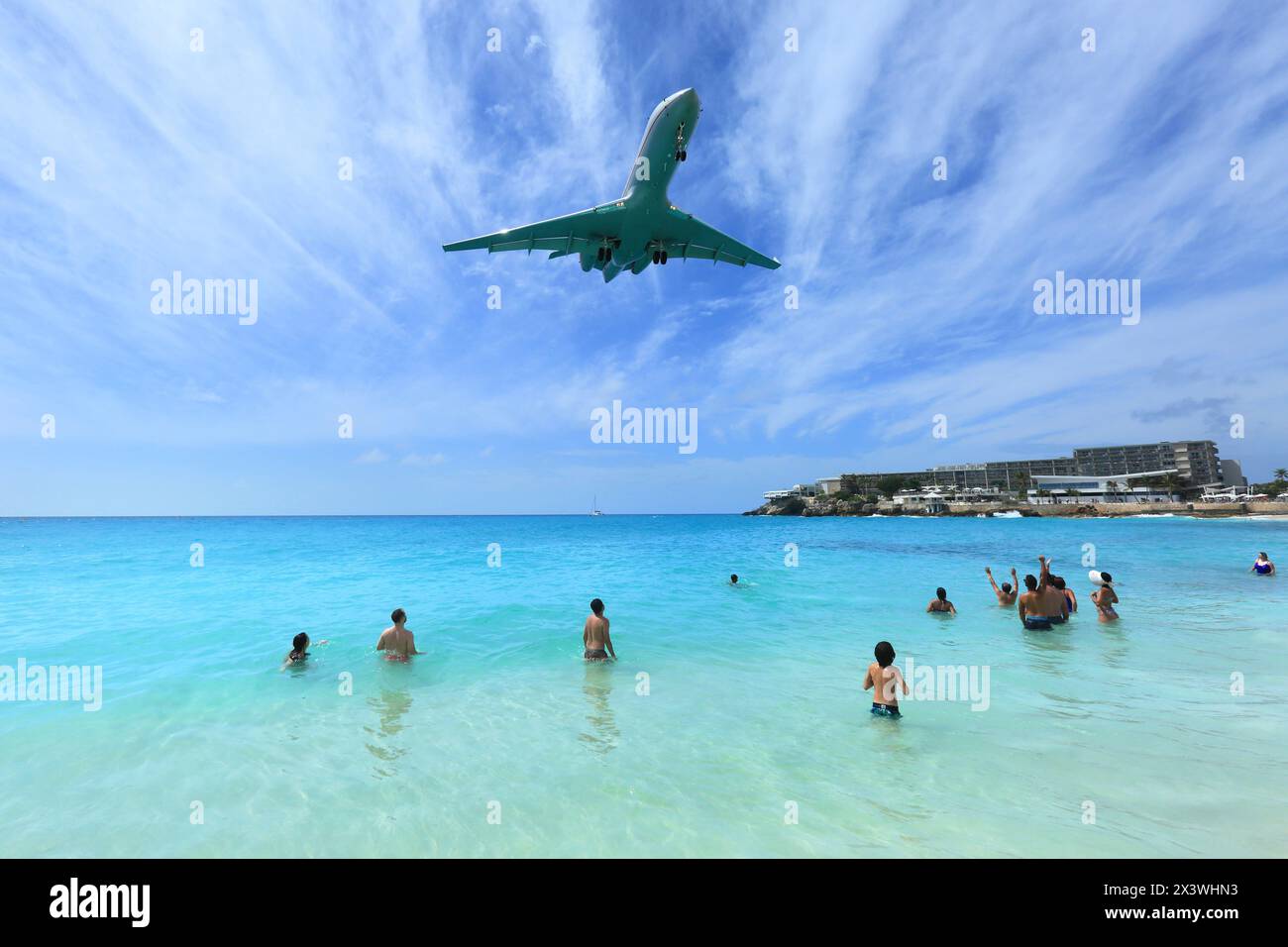 Caribbean, Sint Maarten, airplane landing at Maho bay airport Caribbean ...