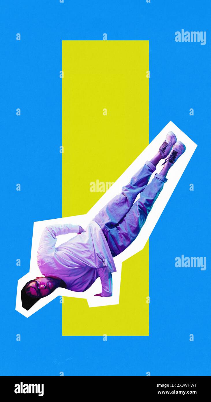 Poster. Contemporary art collage. Man in motion dancing breakdance, hip ...