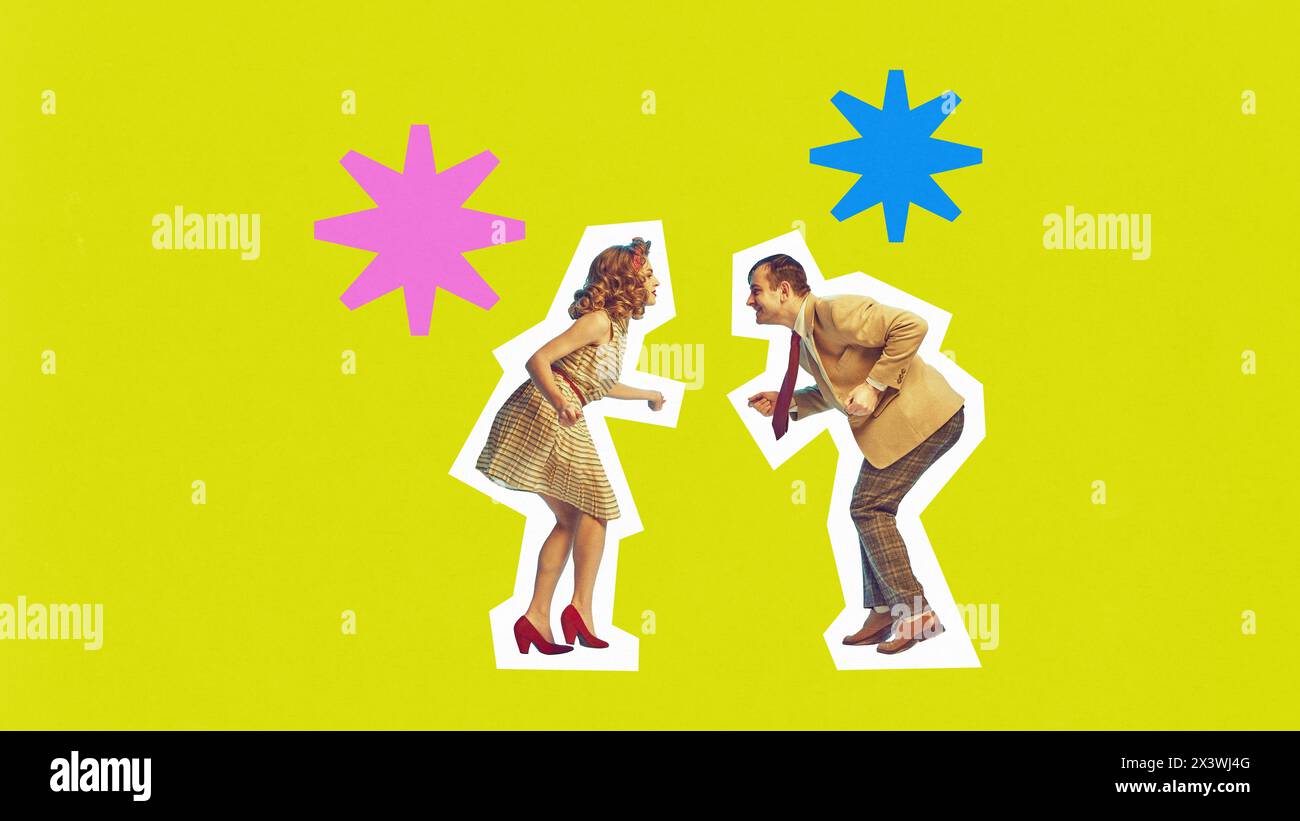 Poster. Contemporary art collage. Young talented duo, man and woman ...