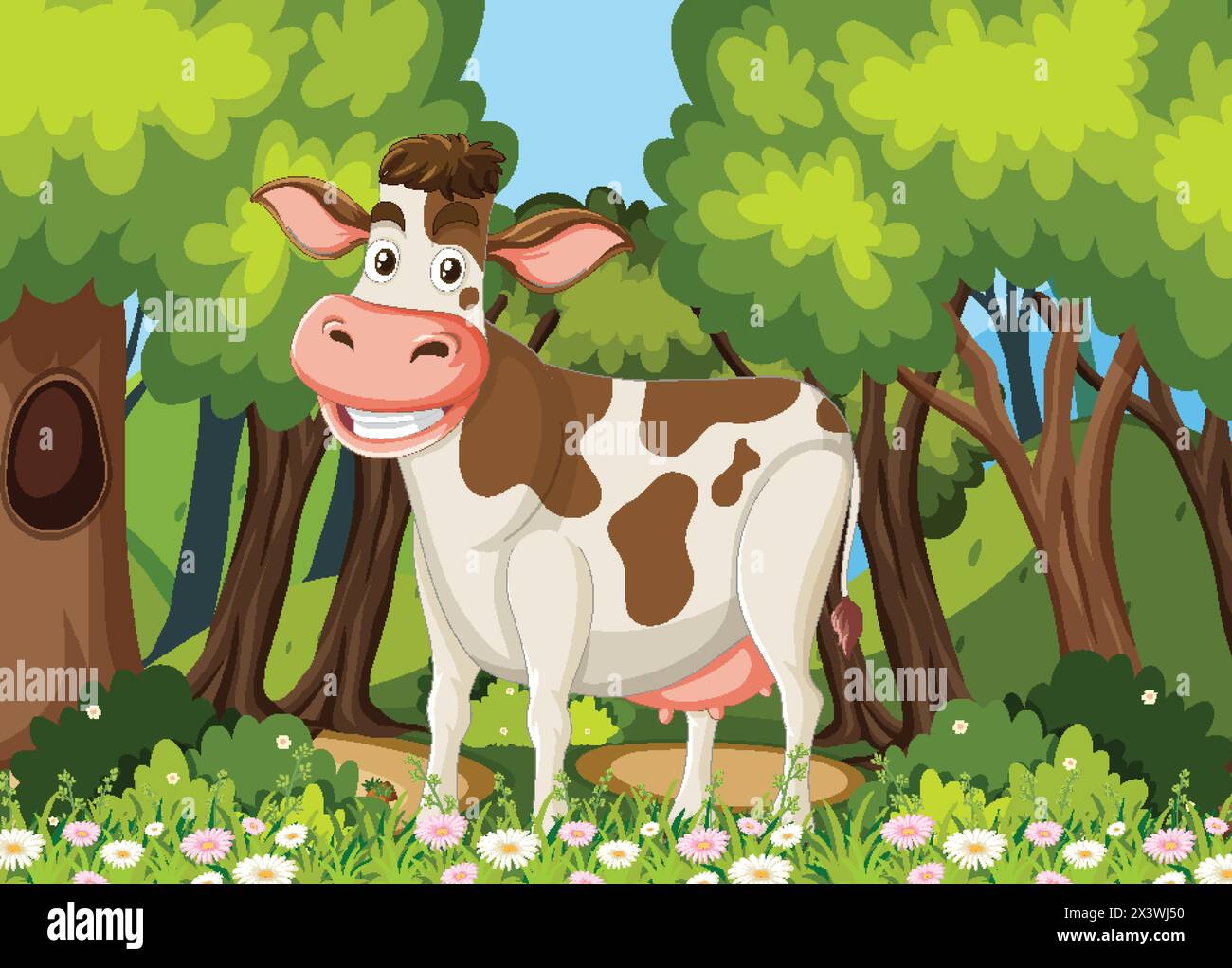 A cheerful cow standing among green trees Stock Vector Image & Art - Alamy