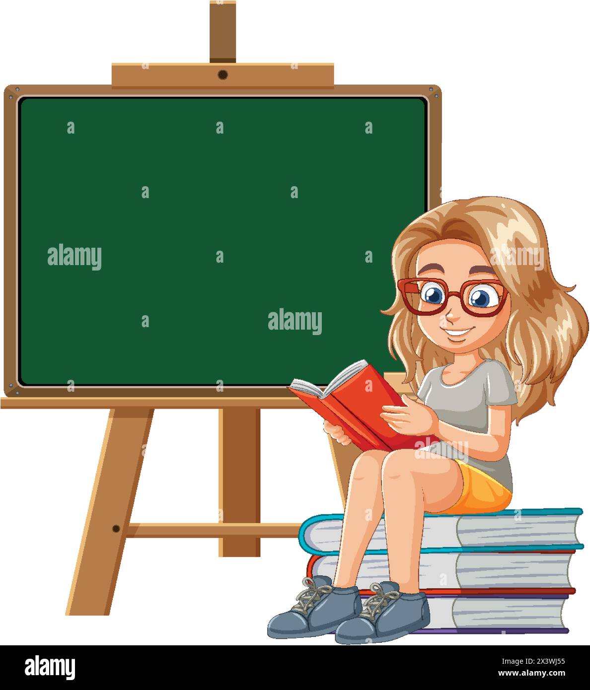 Cartoon girl reading book by empty chalkboard Stock Vector Image & Art ...