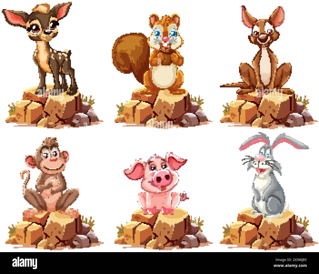 Six animated animals sitting on tree stumps Stock Vector Image & Art ...