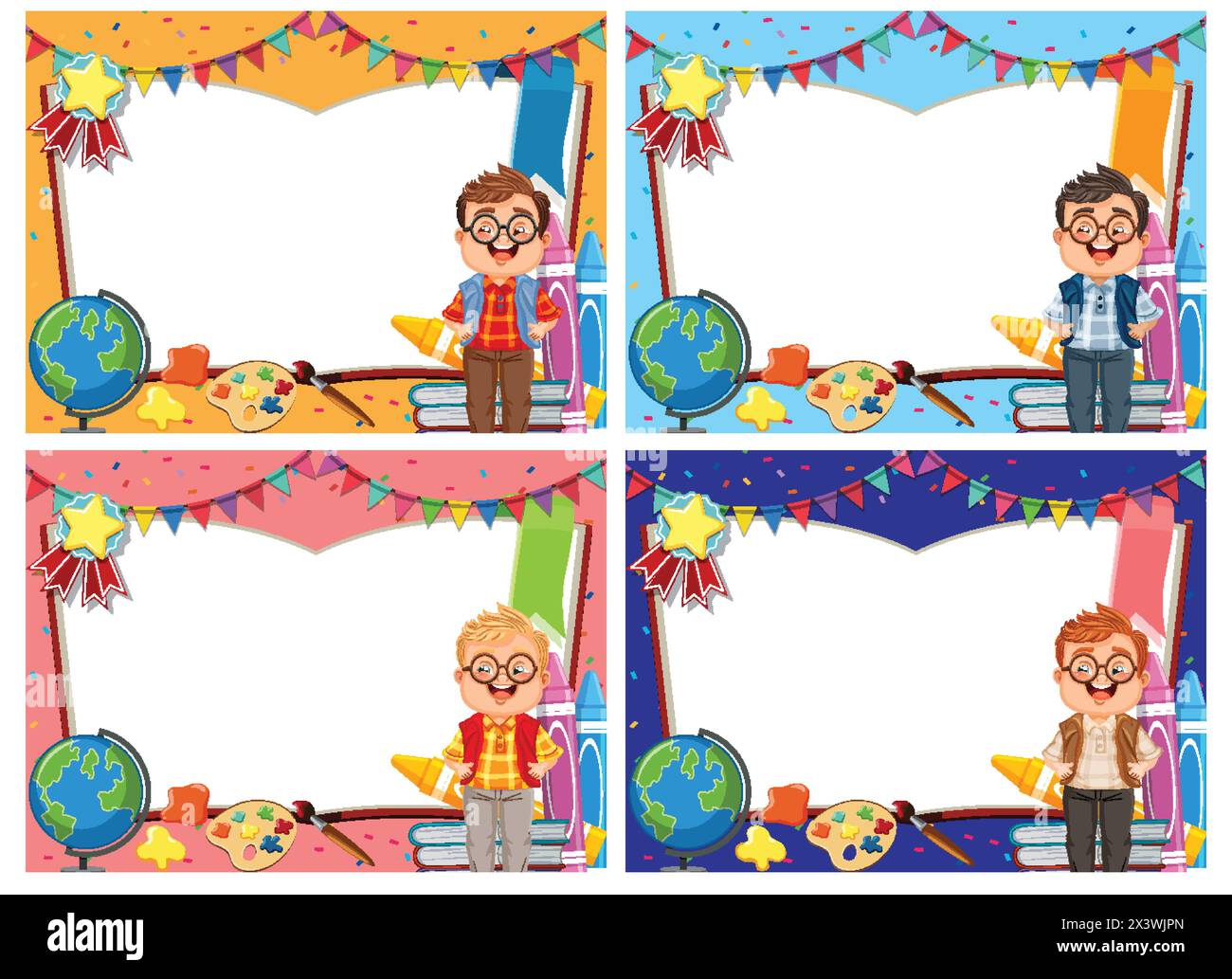 Four scenes of students in a vibrant classroom setting Stock Vector ...