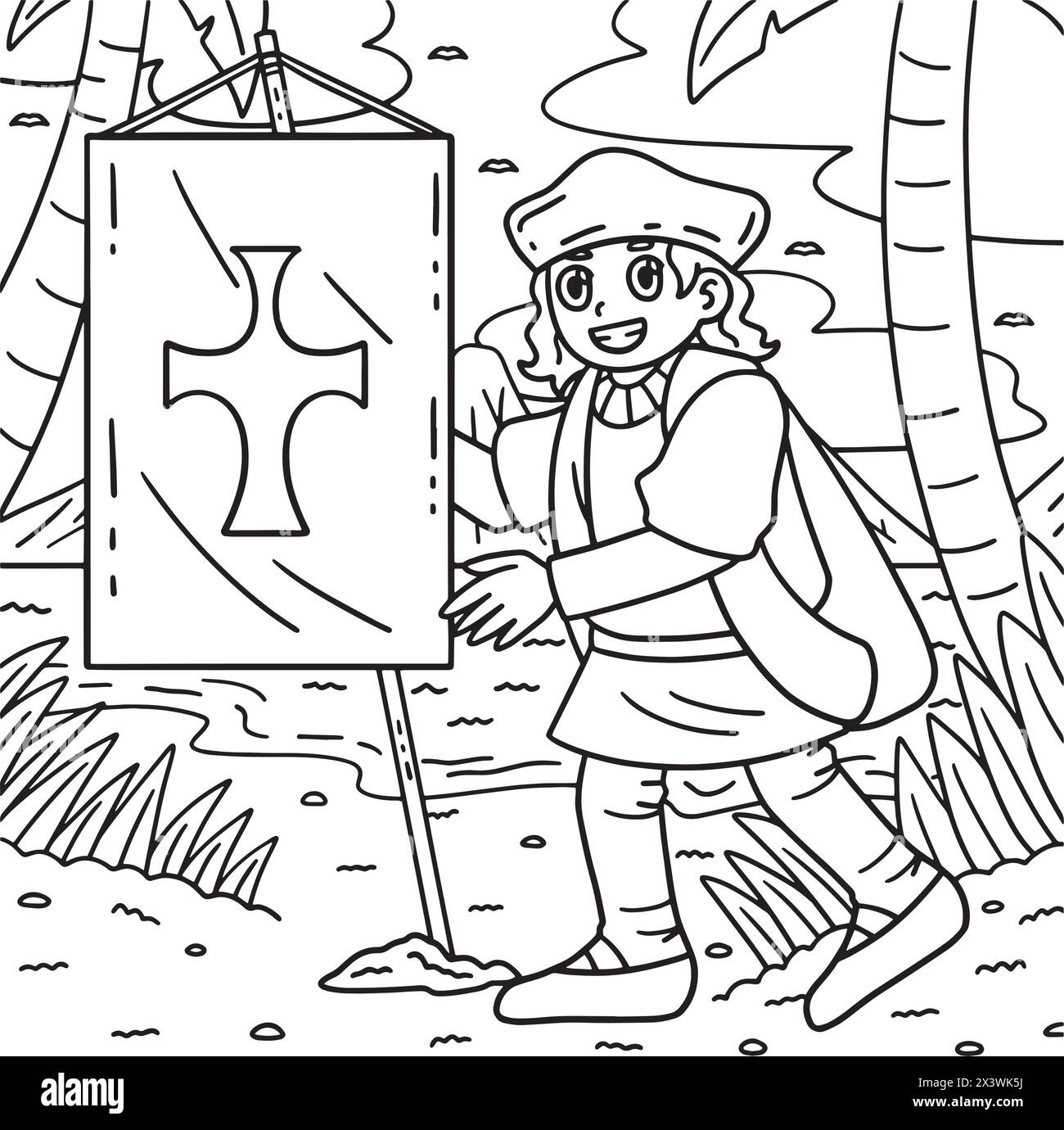 Columbus Day Explorer Planting Flag Coloring Page Stock Vector Image ...