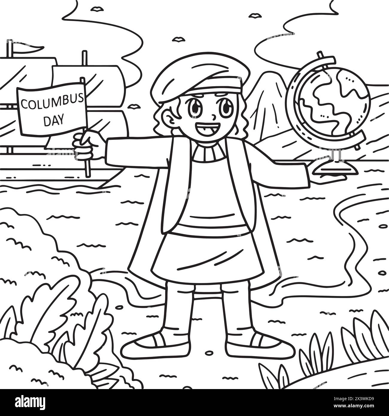 Columbus Day Man with Globe Coloring Page for Kids Stock Vector Image ...