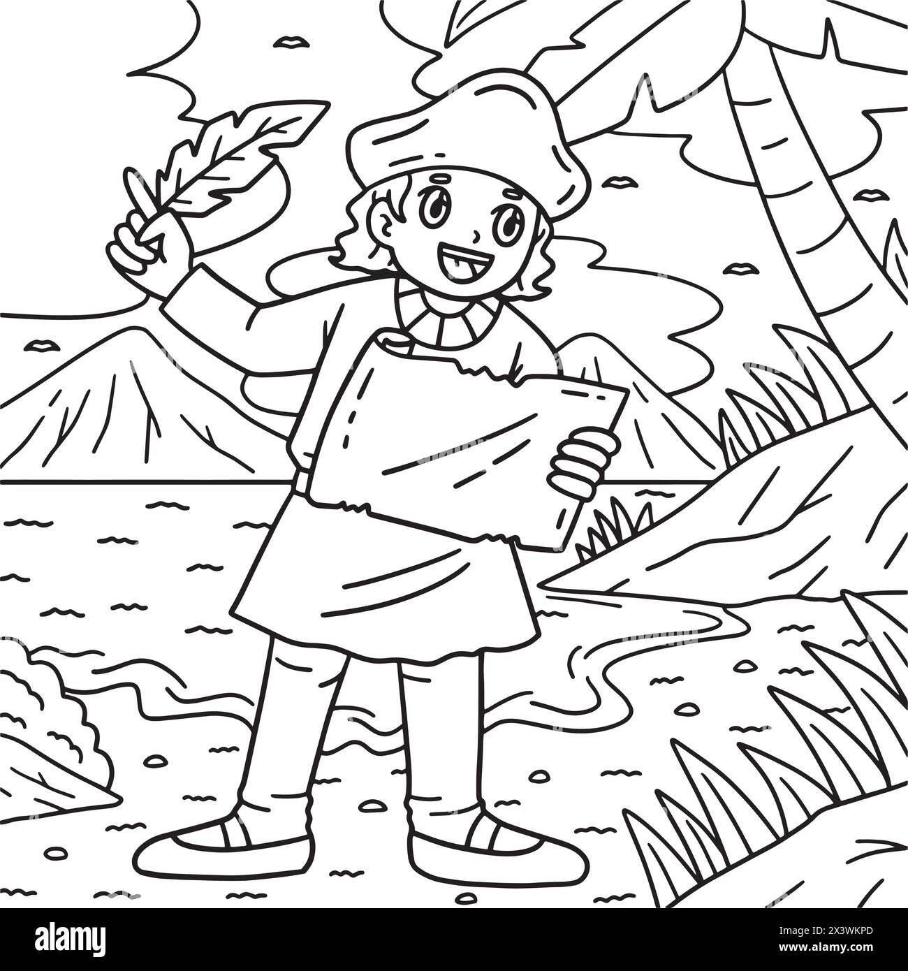 Columbus Day Explorer with Quill and Map Coloring Stock Vector Image ...