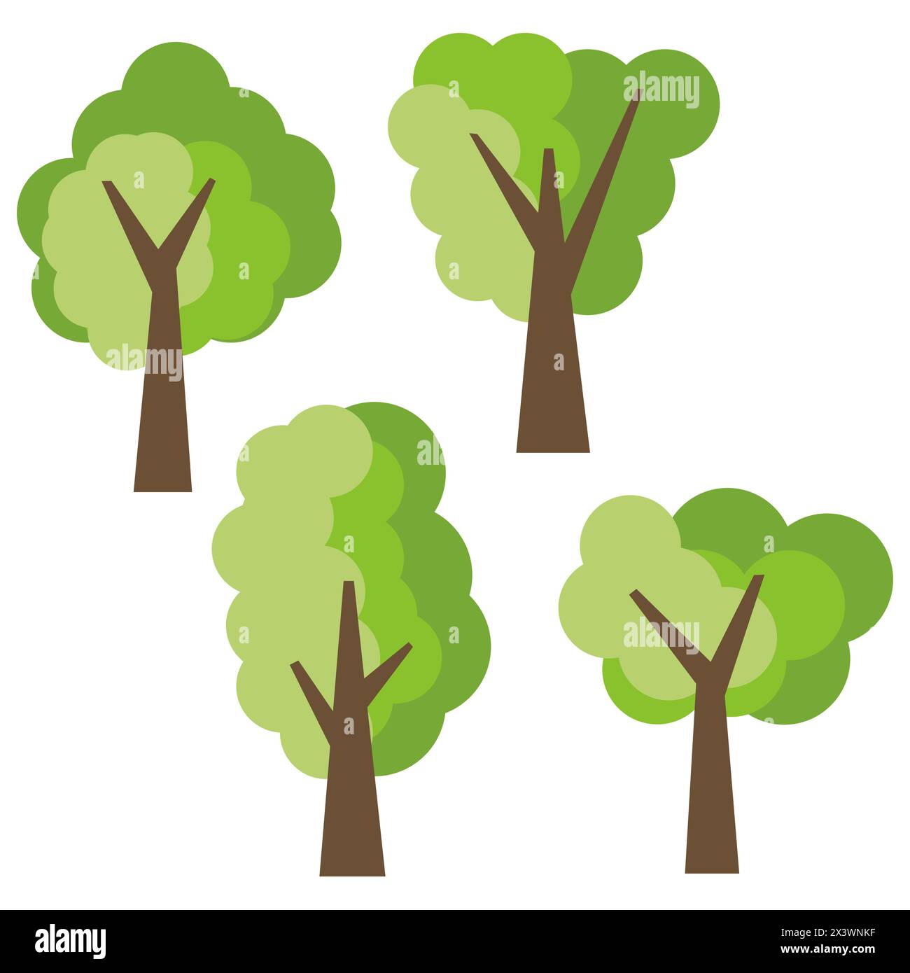 Set of four different cartoon green trees isolated on white background ...