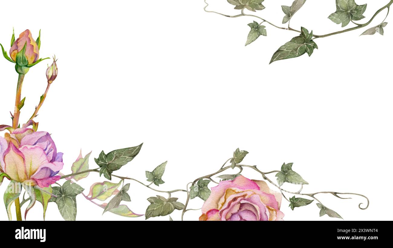 Hand drawn watercolor illustration shabby boho botanical flowers leaves ...