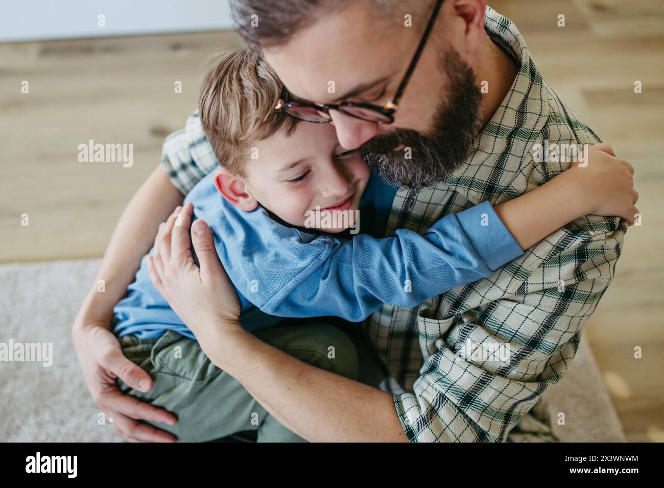 Dad hugging little son, true love. Happy Fathers day concept Stock ...