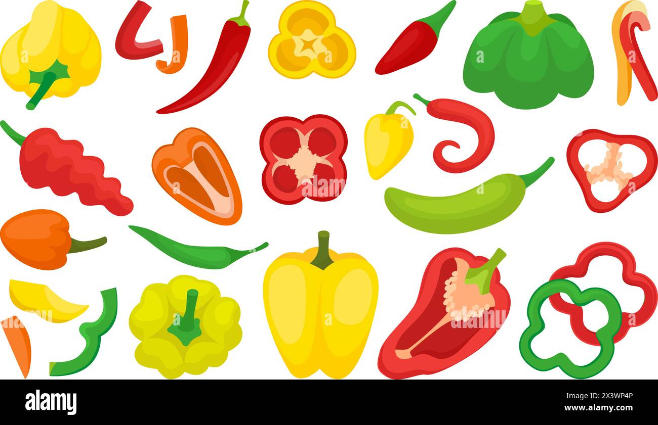 Cartoon peppers and paprika. Red green yellow pepper for cooking, half ...