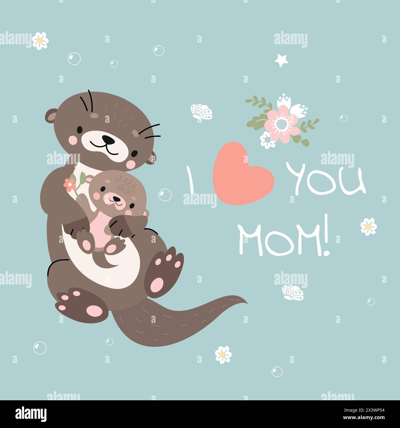 Funny mom otter. Mother and baby otters cartoon characters. Maternity ...