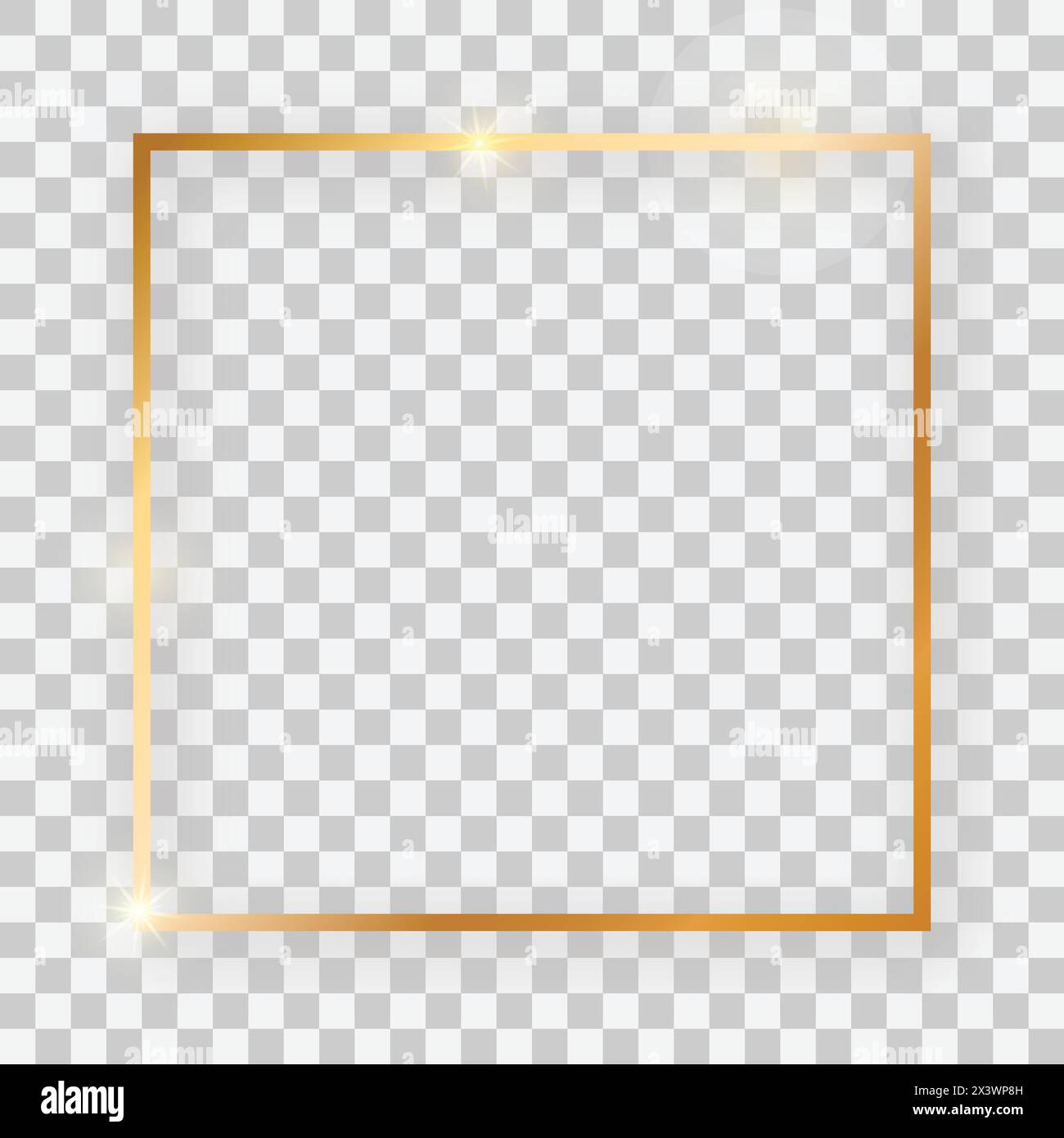 Gold shiny square frame with glowing effects and shadows on transparent ...