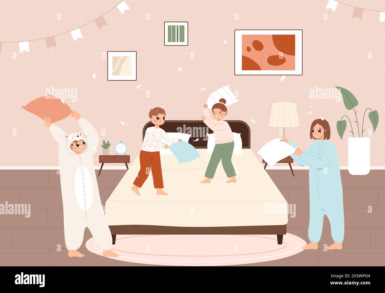 Pillow fight in bedroom. Family play together before sleep. Adults and ...