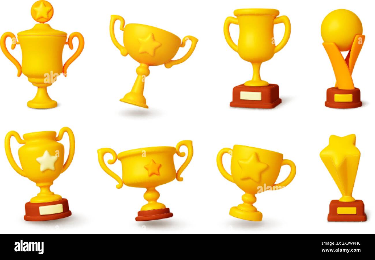 3d gold trophy. Winners golden cups, awards ceremony with stars ...