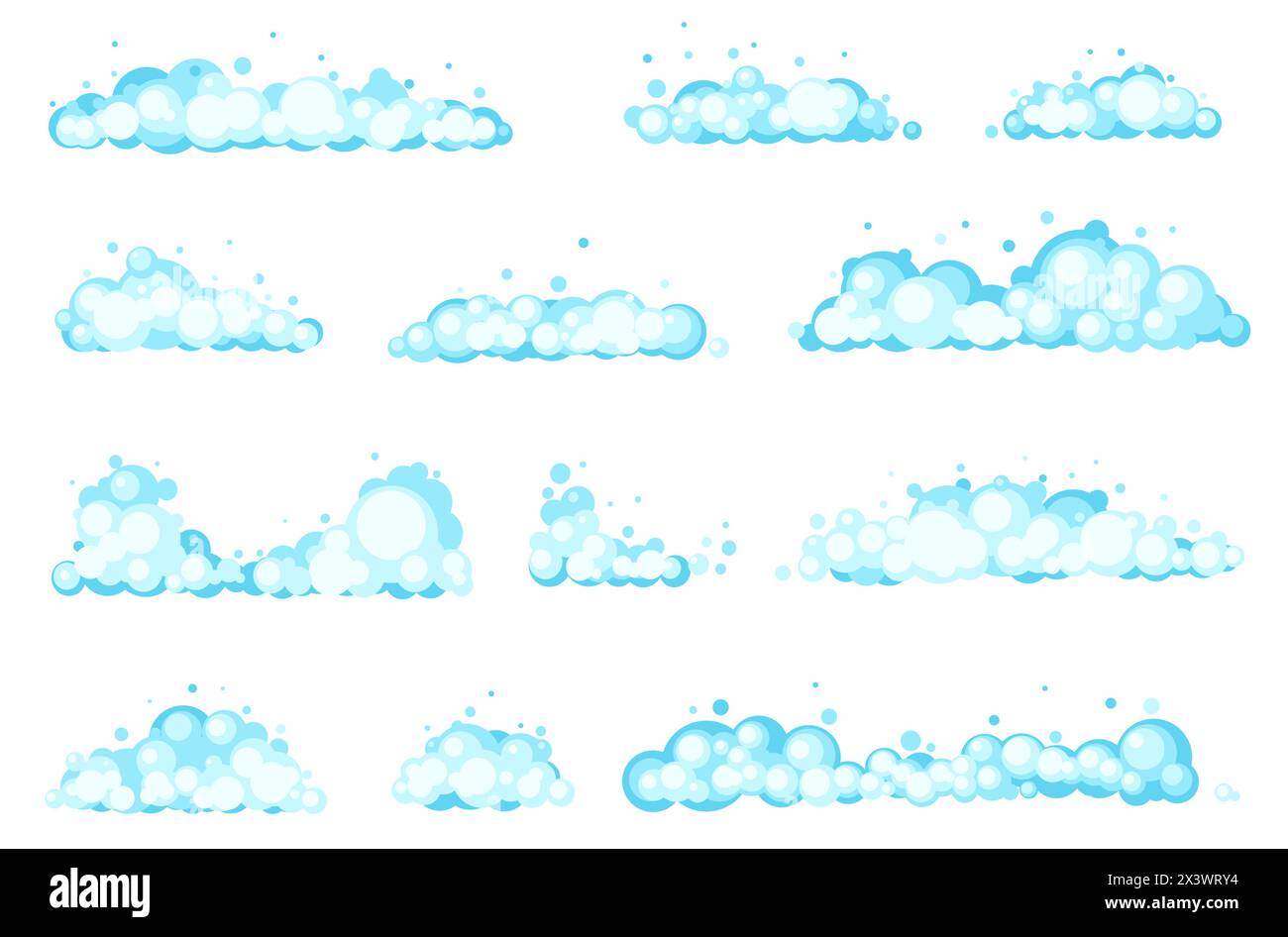 Cartoon bath foam. Blue shampoo balloons. Bath soap bubbles flat style ...