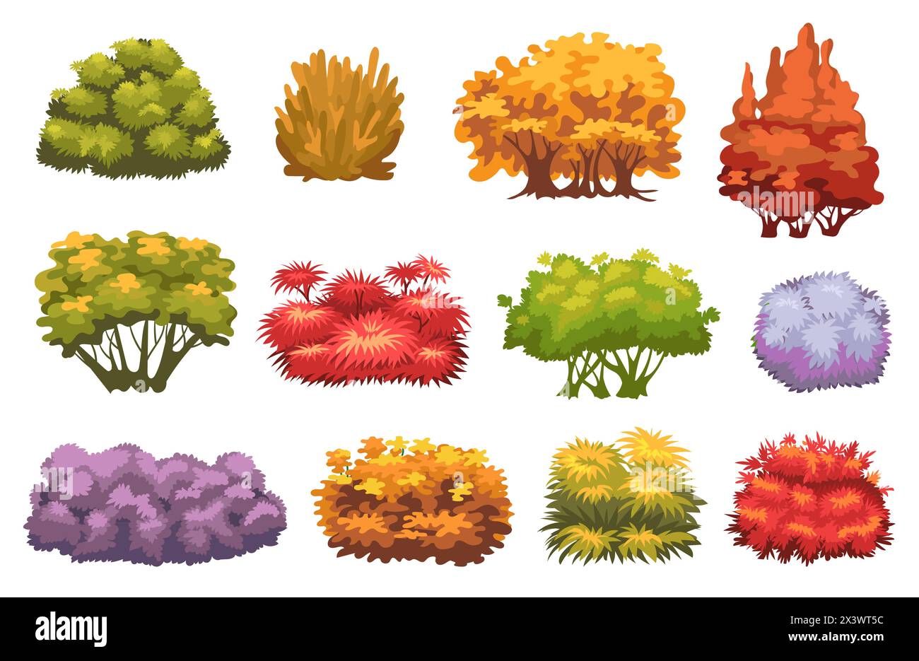 Cartoon autumn bushes. Fading garden plants. Color shrub trees ...