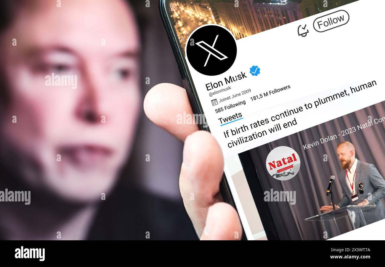 Poltava, Ukraine - April 29, 2024. Elon Musk Twitter profile page with ...