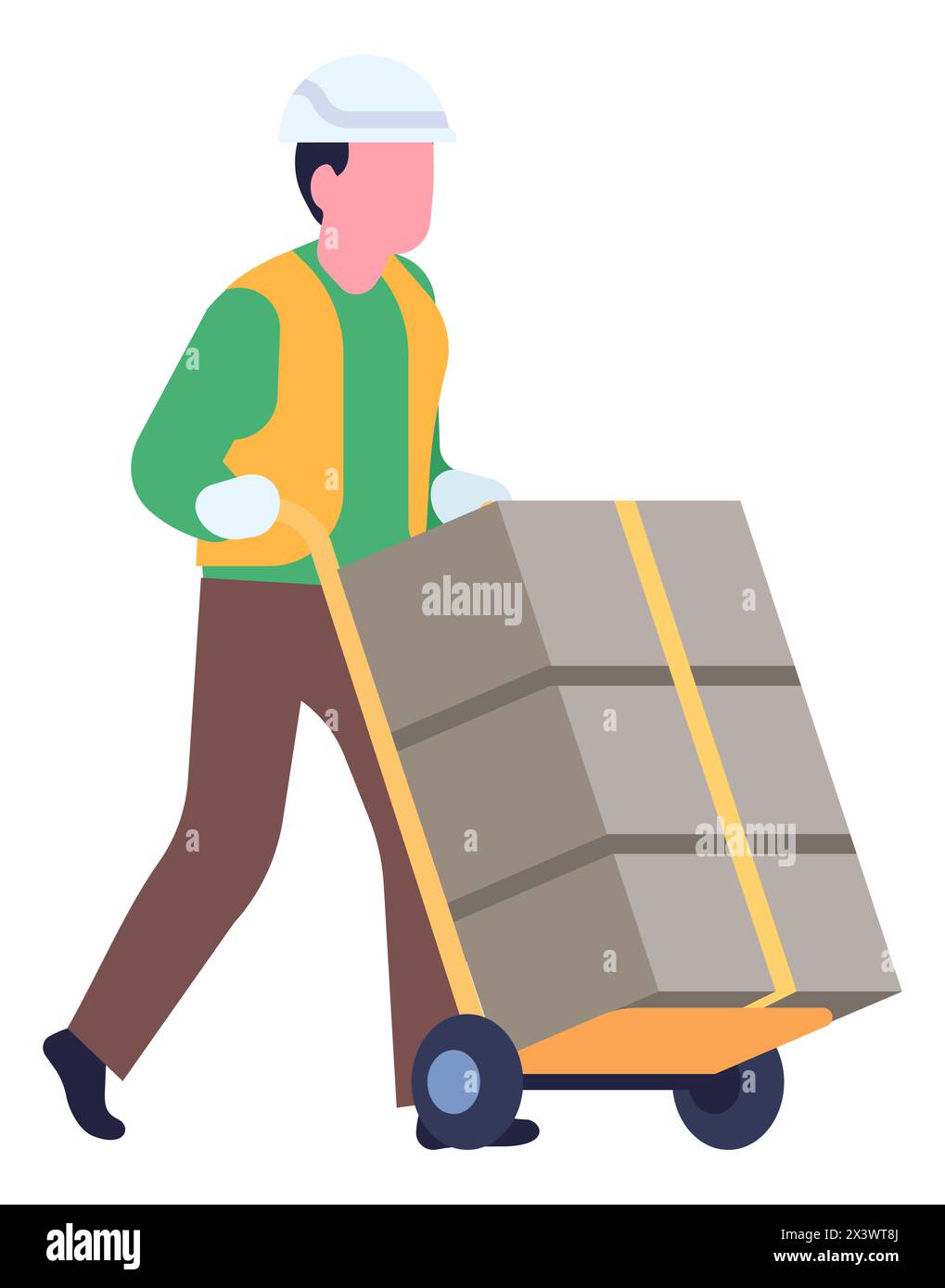 Cargo logistics. Warehouse worker moving boxes on trolley. Containers ...