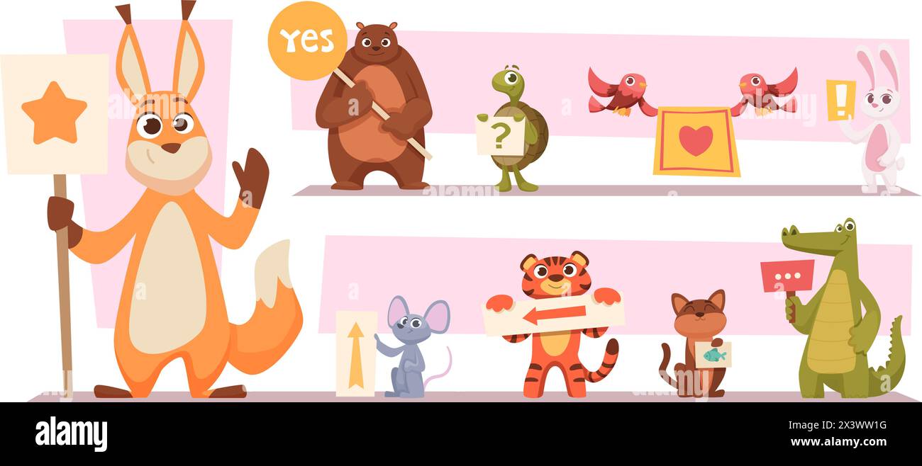 Animals with placards. Characters in action poses holding ads posters ...