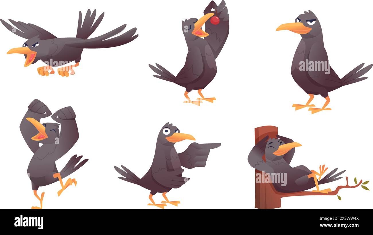 Crows. Black birds flying and standing exact vector funny birds in ...