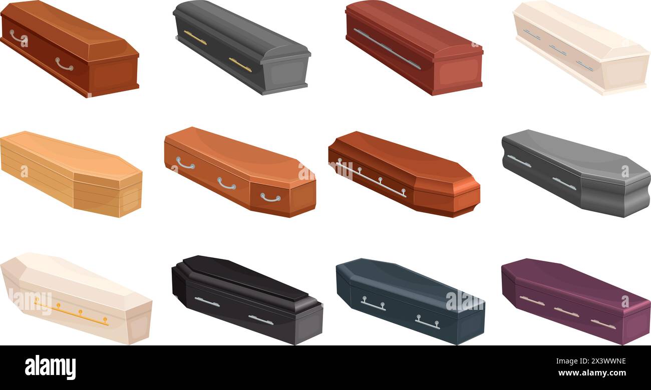 Coffins set. Tomb cases for dead recent vector burial boxes in cartoon style Stock Vector Image ...